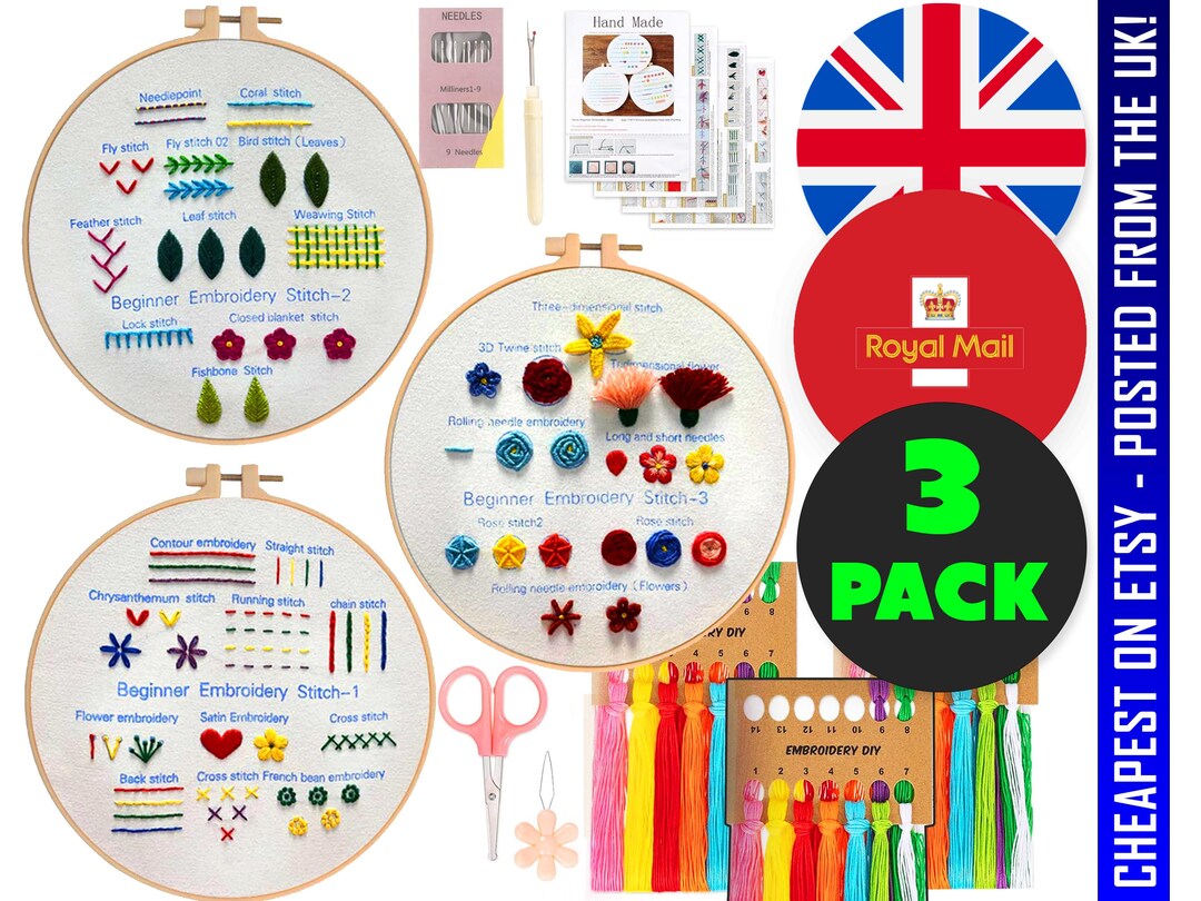 3 SET Beginner Embroidery Kit | Embroidery Set for Beginners | Starter ...