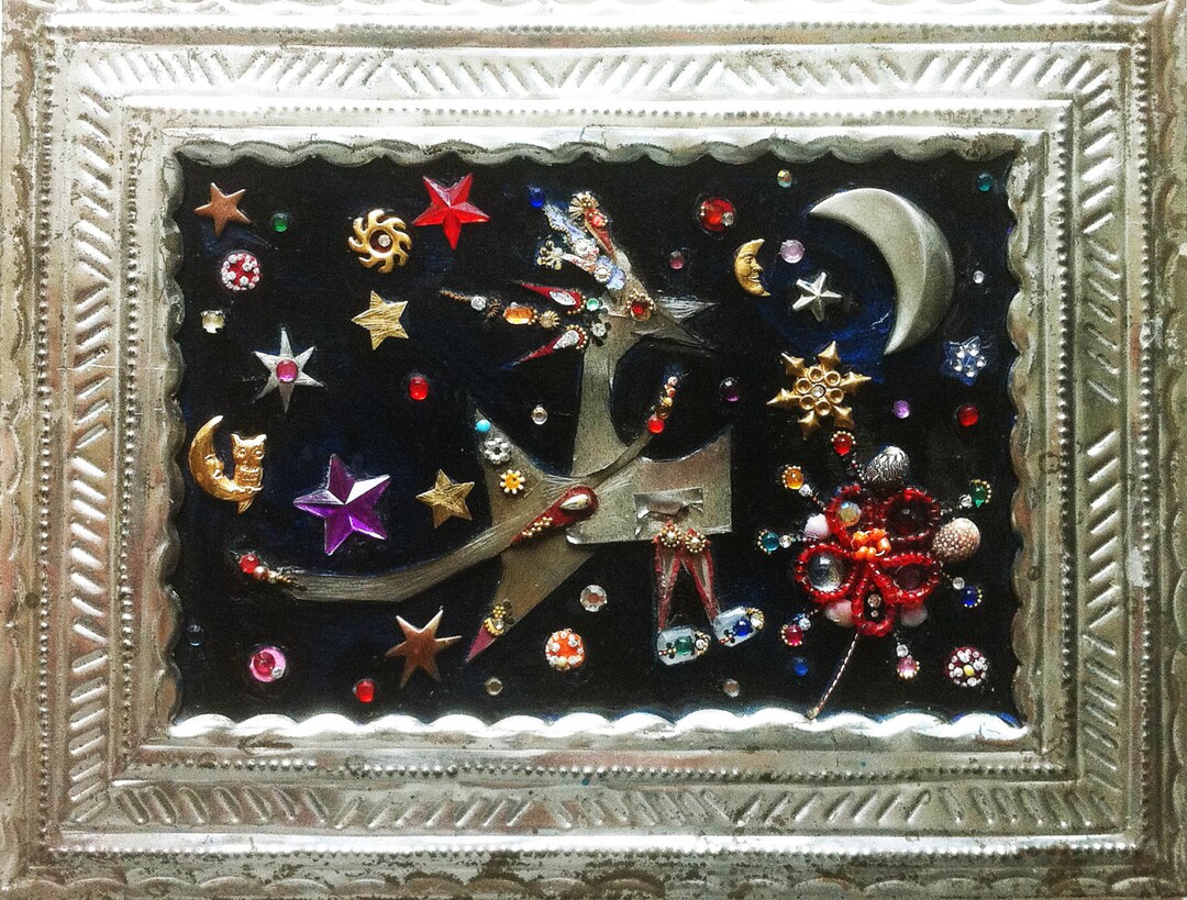 BINDI BIRD, Assemblage, Collage, Tin Bird, Vintage Tin Frame, Jewels ...