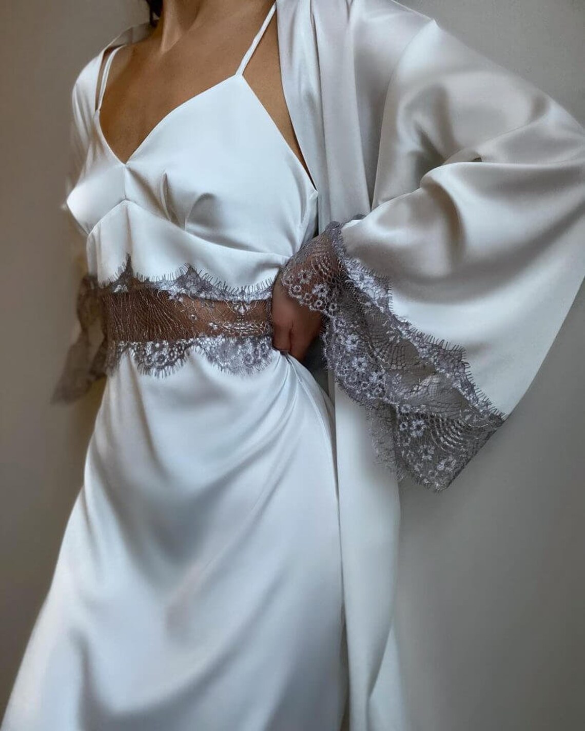 Bridal Nightwear Set With Grey Lace - Etsy