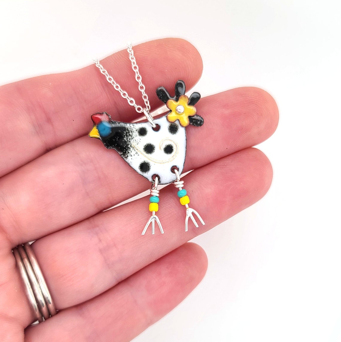 Polka Dot Chicken Necklace Colorful Enameled Chicken Charm - Etsy