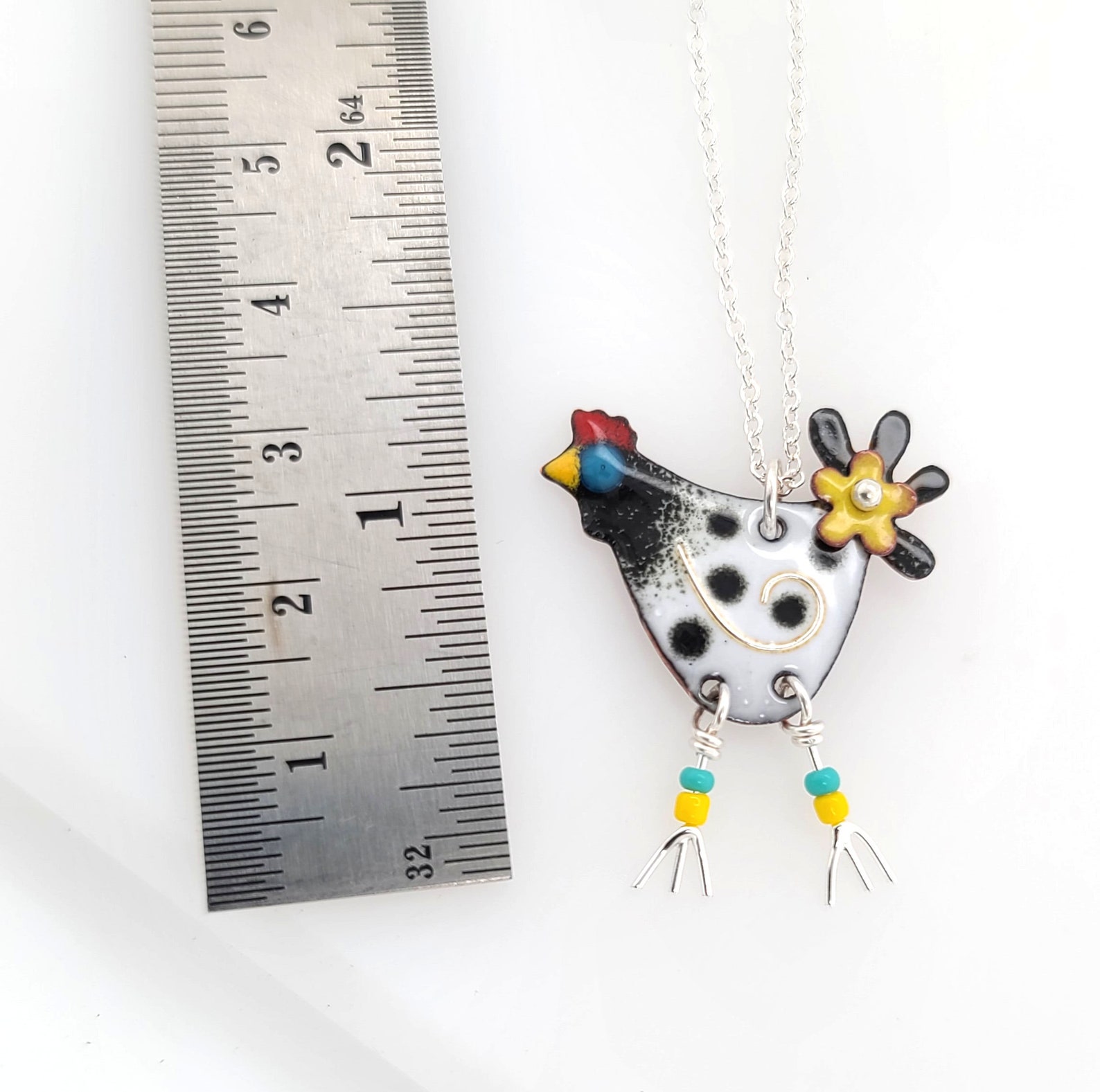 Polka Dot Chicken Necklace, Colorful Enameled Chicken Charm With Black ...