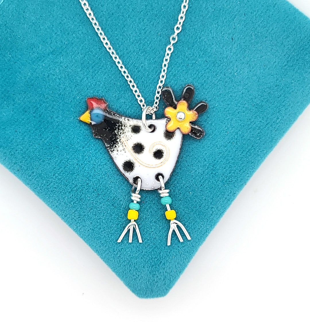 Polka Dot Chicken Necklace, Colorful Enameled Chicken Charm With Black ...