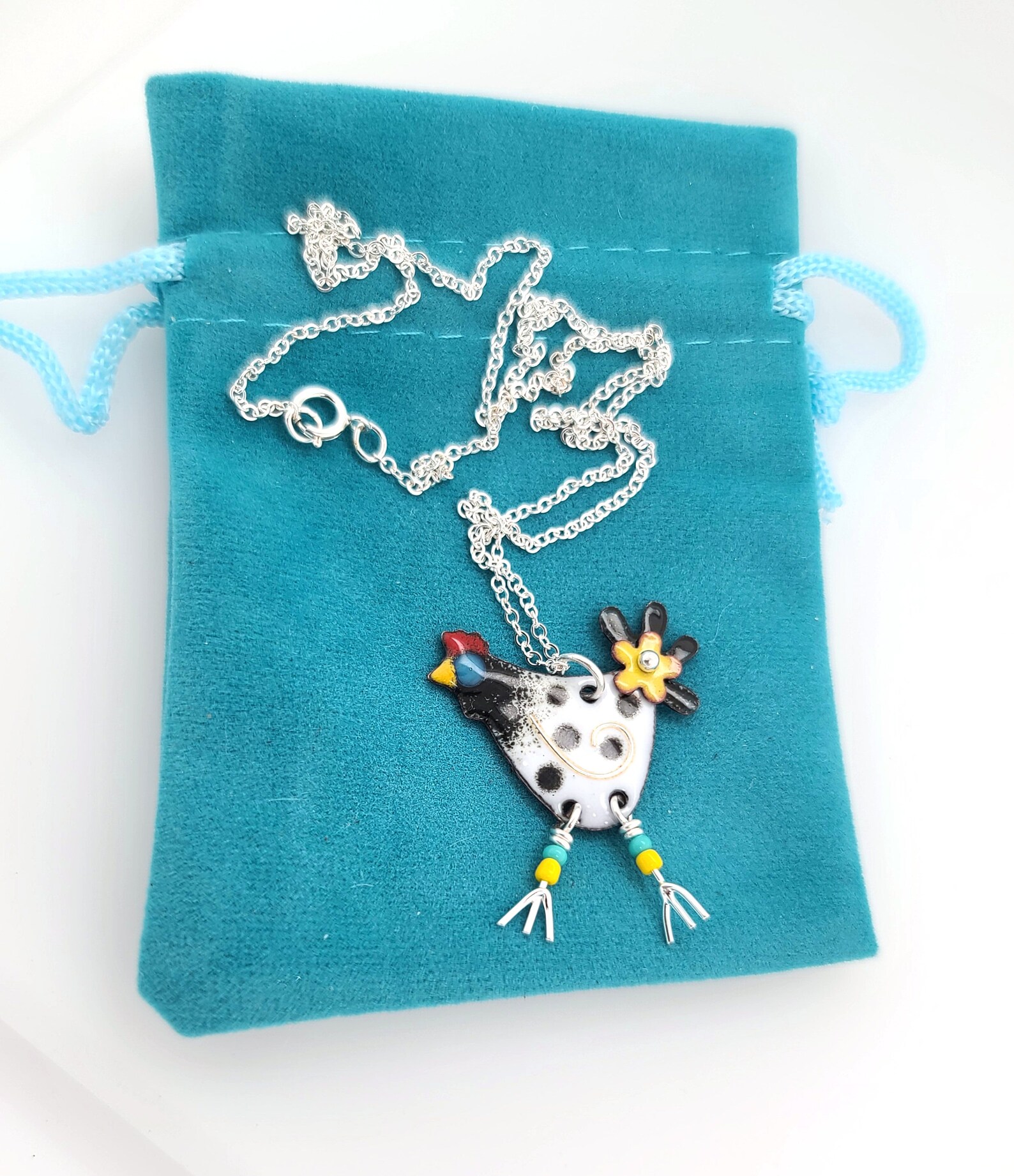 Polka Dot Chicken Necklace, Colorful Enameled Chicken Charm With Black ...