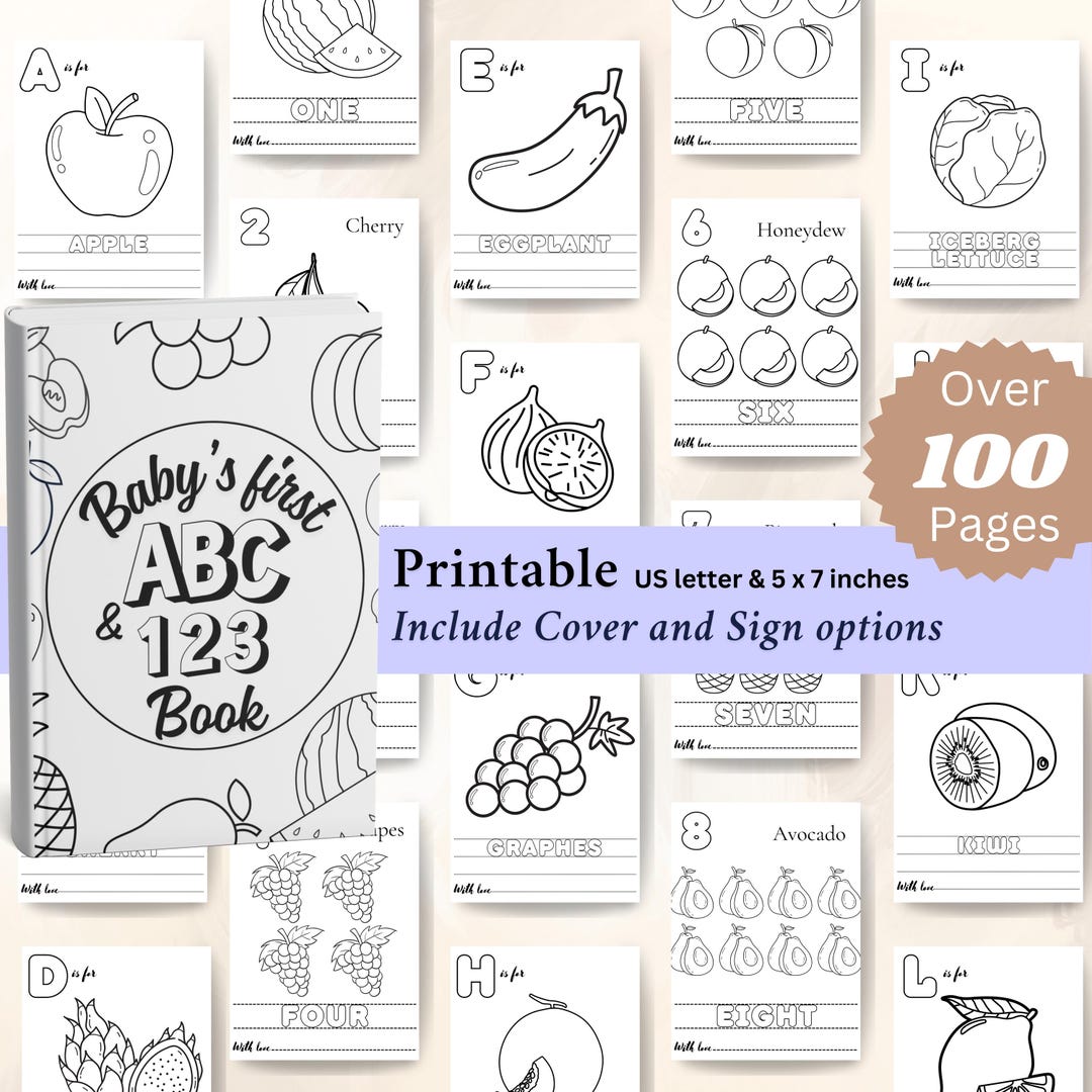 100 Pages Fruit ABC 123 Baby Shower Coloring Book Baby Shower Games ...