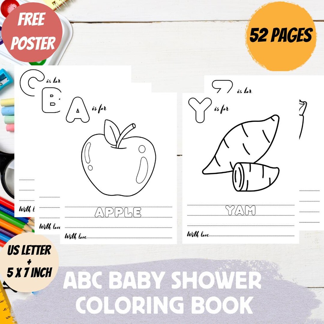 52 Pages Alphabet Fruits Vegetables Coloring Book, Baby Shower Activity ...