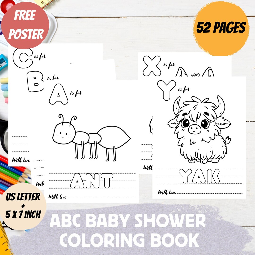52 Pages ABC Baby Shower Coloring Book, Baby Shower Activity, Digital ...