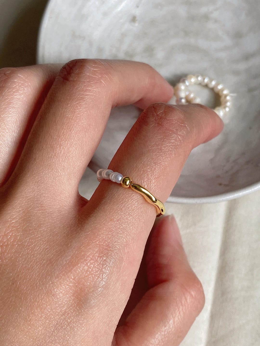 Dainty Pearl Gold Ring Wavy Gold Ring Stackable Pearl Ring Sterling ...