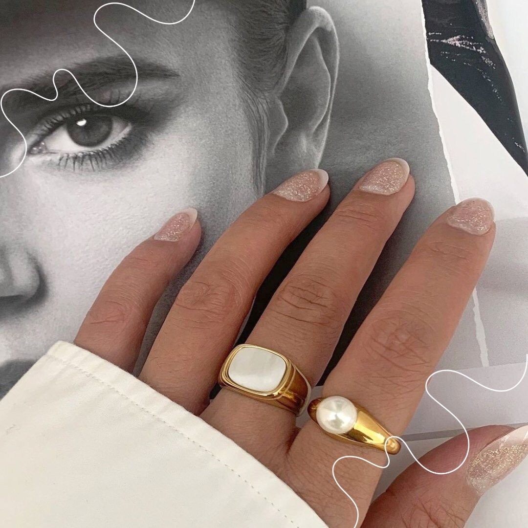 Shell Inlaid Statement Ring White Chunky Ring Shell Inlaid Ring Gold ...