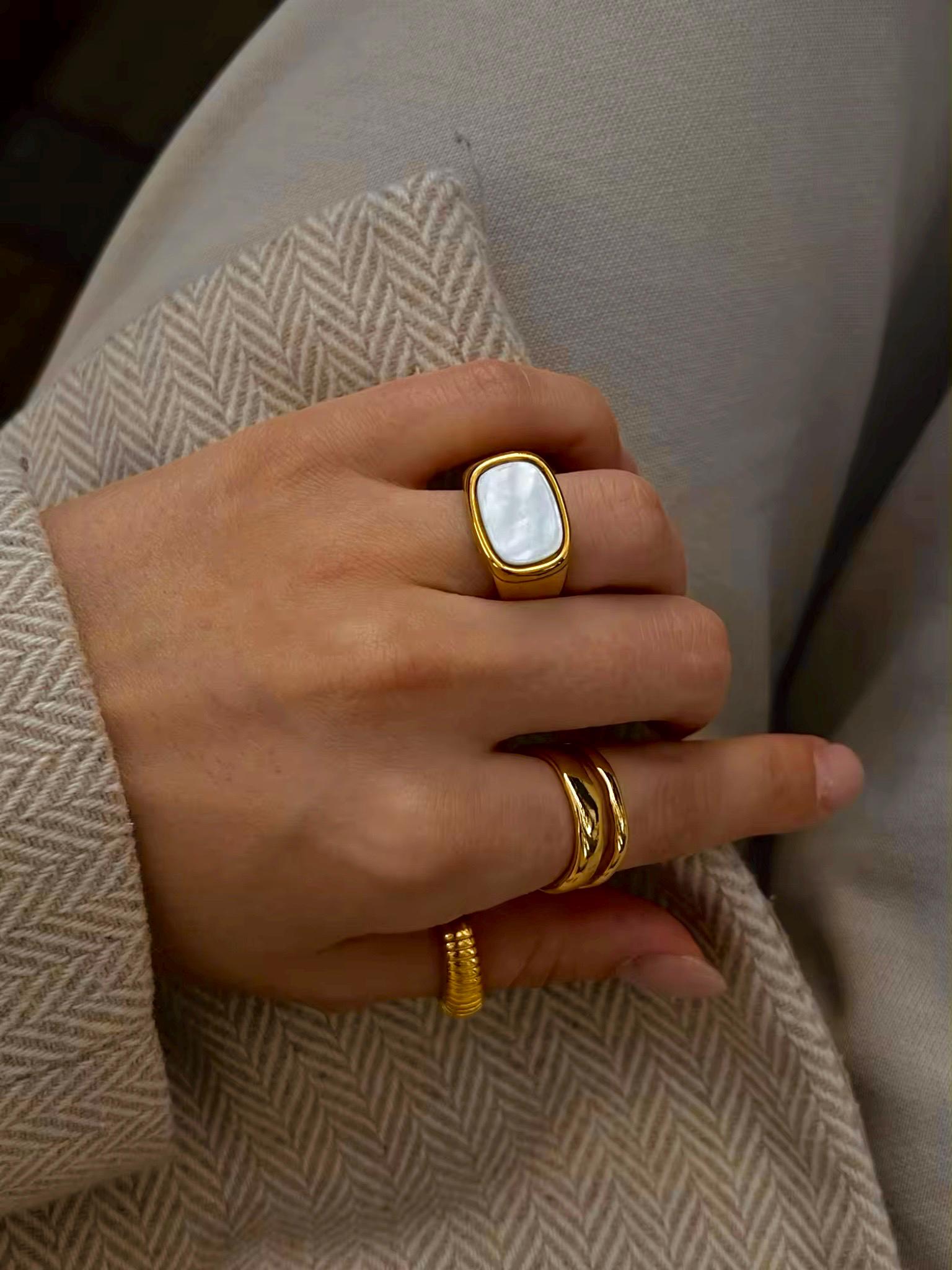 Shell Inlaid Statement Ring White Chunky Ring Shell Inlaid Ring Gold ...