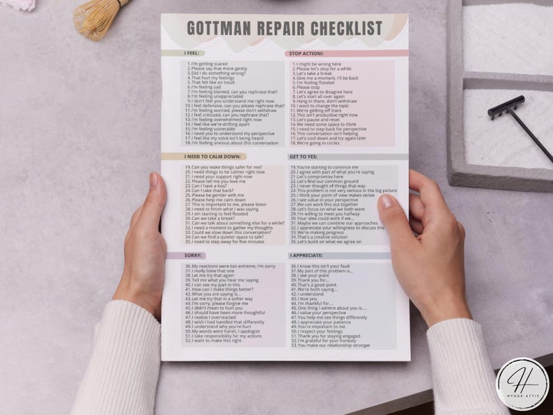 Gottman Repair Checklist & Communication Guide: Marriage Counseling Tools Relationship Therapy ...