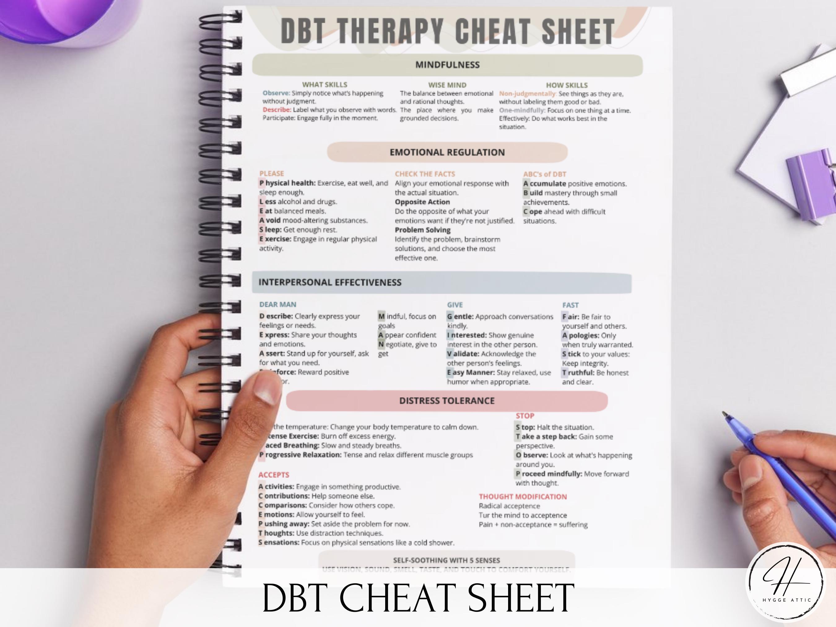 DBT Cheat Sheet, DBT Skills, Borderline, Bpd, Therapy Worksheet, Mental ...