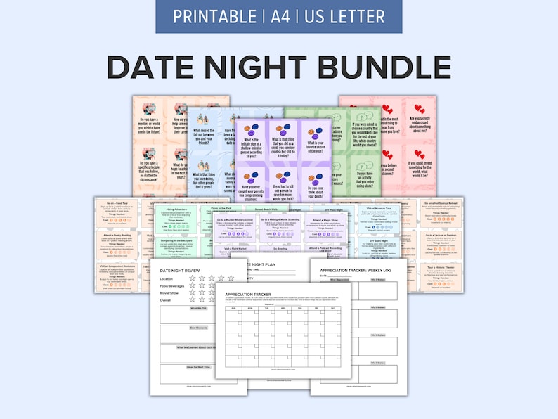26 Date Night Ideas and Kits Printable Worksheets | Couple Activity Cards and Conversation ...