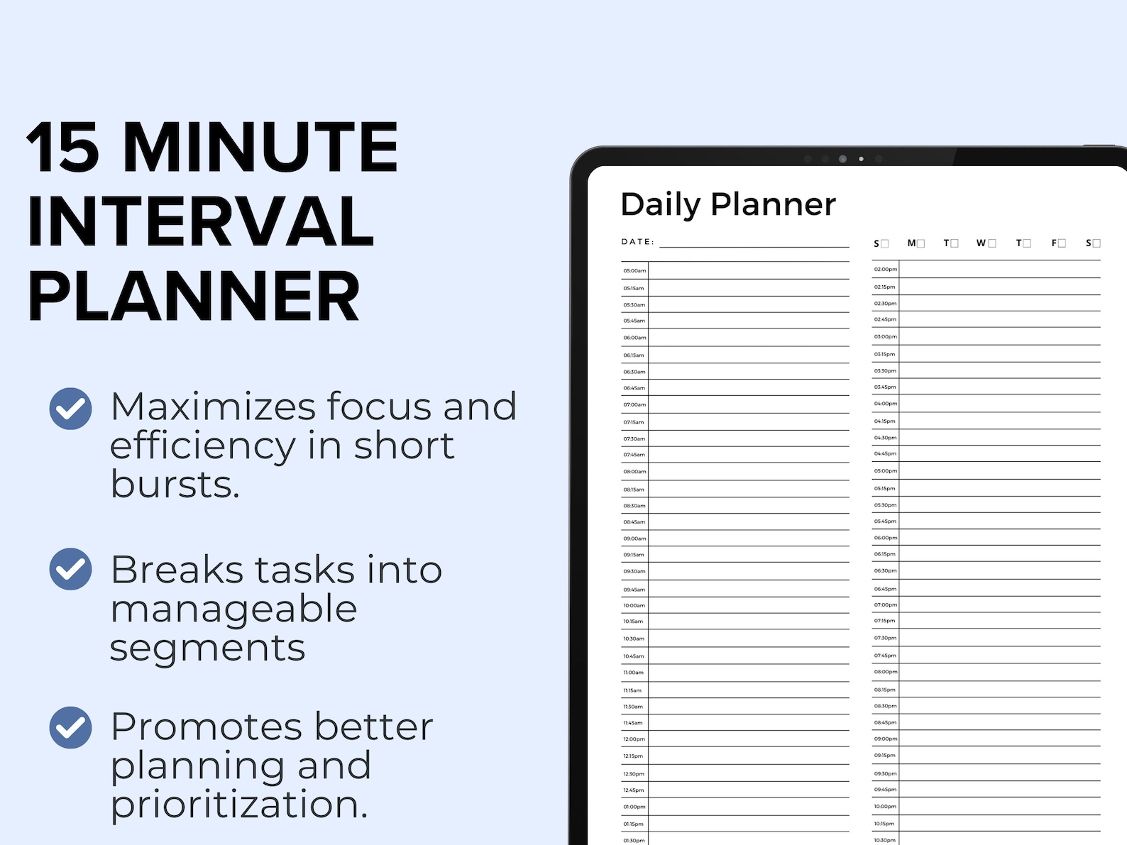 15 Minute Interval Planner Page Printable | Daily Schedule Increments ...