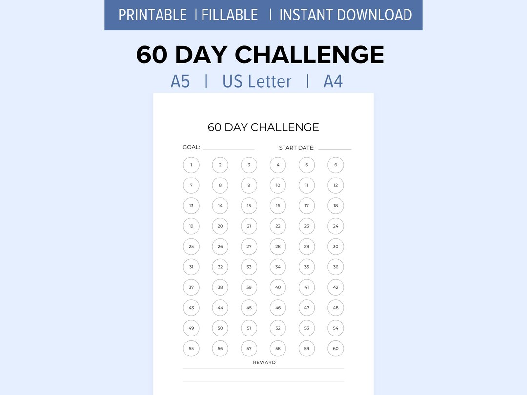 60 Day Challenge Goal Setting Tracker | A4, A5, US Letter | Fillable ...