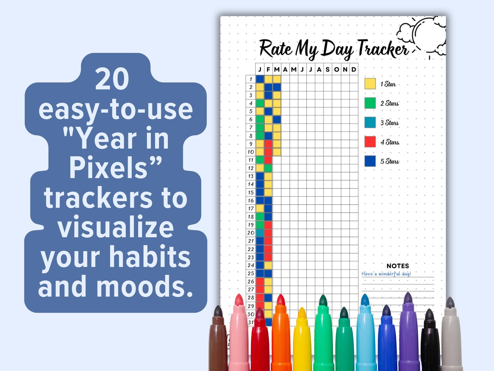 20 Yearly Tracker Journal Pages Printable Bundle | Year in Pixels ...