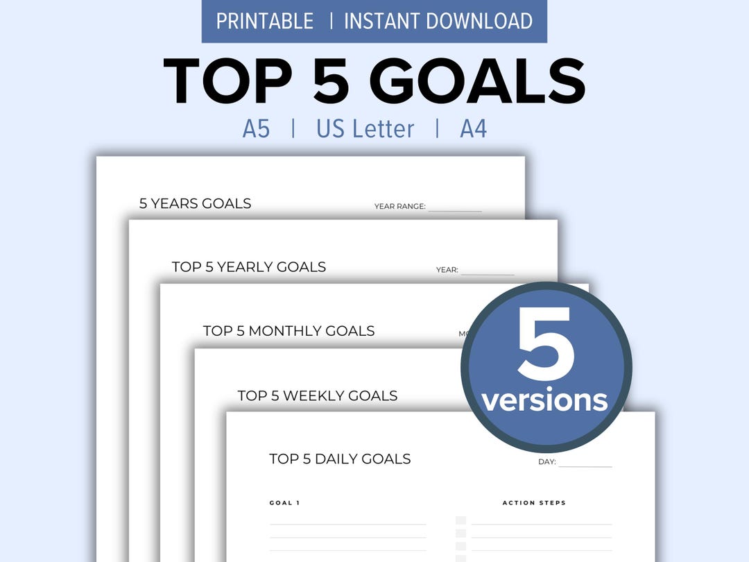 Top 5 Goals Printable Planner Bundle | 2025 Yearly, Monthly, Weekly ...