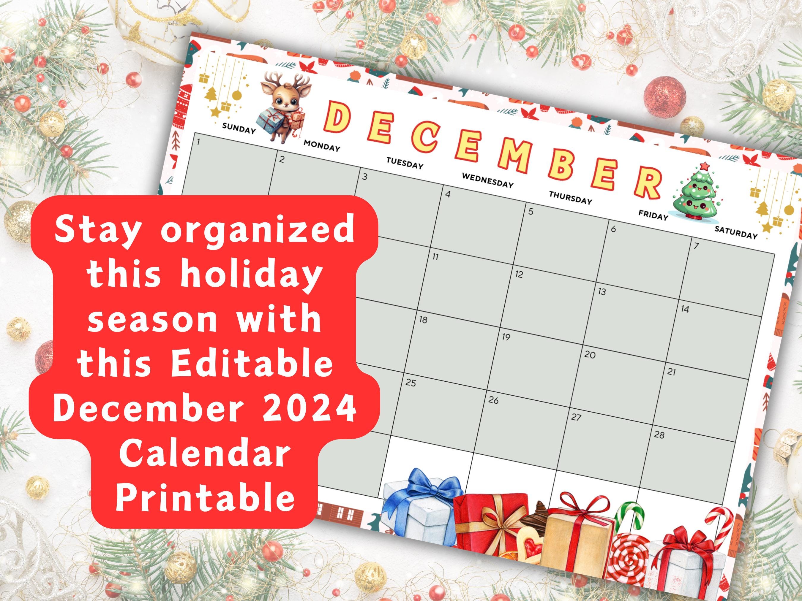Editable December 2024 Calendar | Christmas Ornaments Calendar and ...