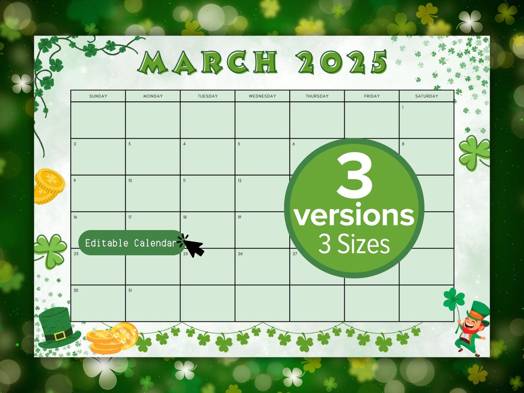 Editable March 2025 Calendar Printable | St. Patrick's Day | Early ...