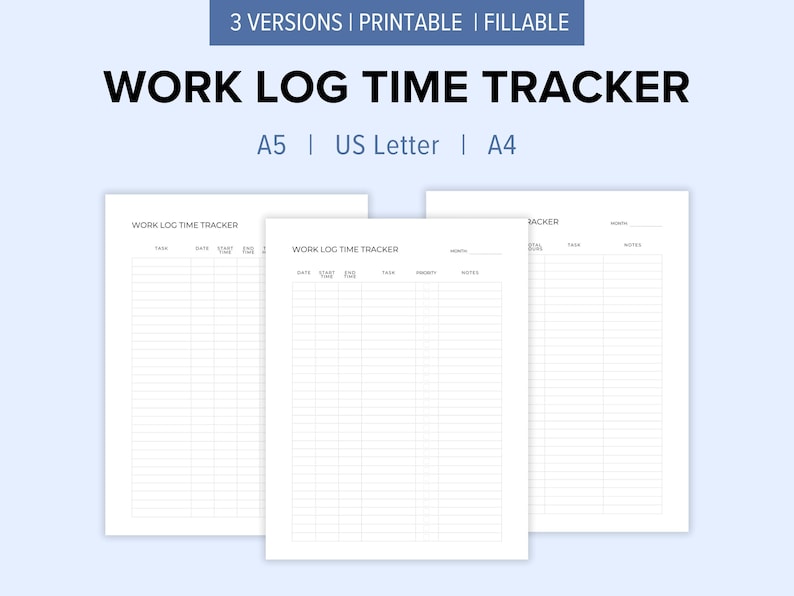 Work Log Time Tracker Printable | A5, US Letter, A4 | Fillable ...