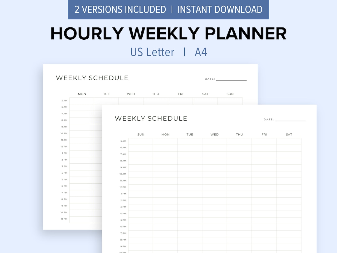Weekly Planner Schedule With Hourly Blocks Printable | Week at a Glance ...