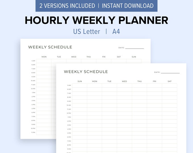 Weekly Planner Schedule With Hourly Blocks Printable | Week at a Glance ...