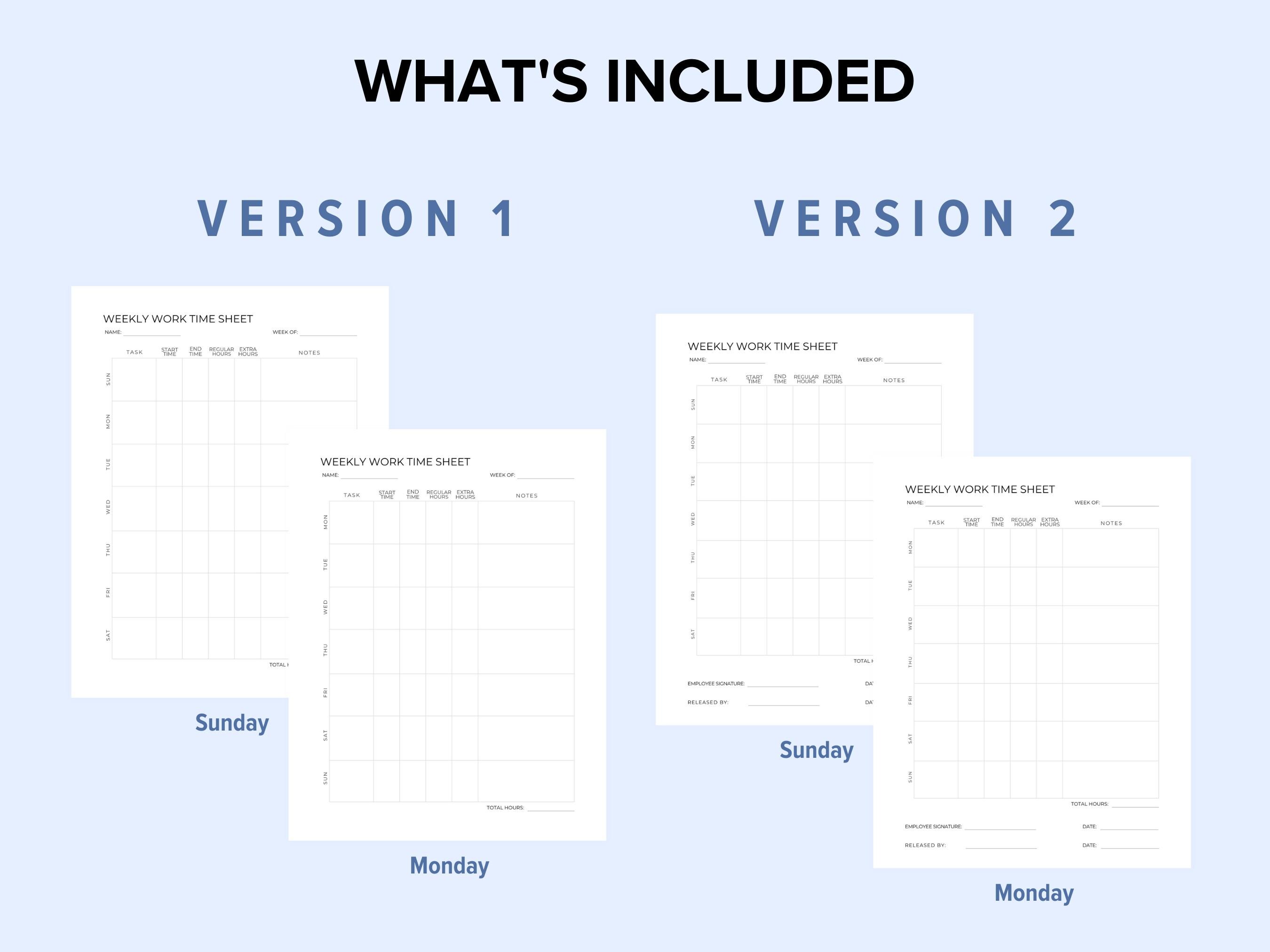 Weekly Work Time Sheet Printable | A5, US Letter, A4 | Fillable ...