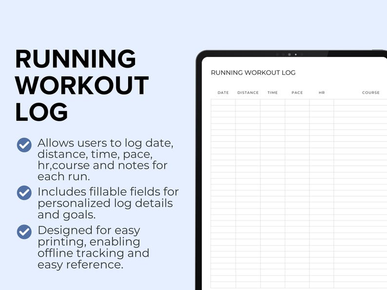 Running Workout Printable Log | A5, US Letter, A4 | Fillable & Instant ...