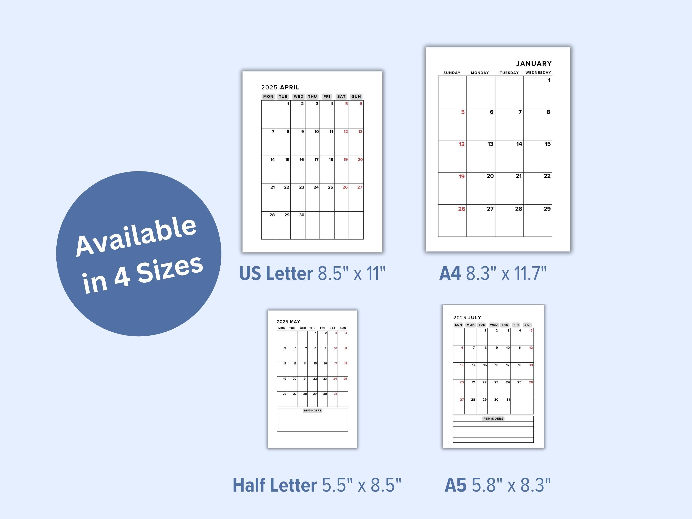 Editable 2025 Dated Calendar Template Printable | 2025 Yearly Calendar ...