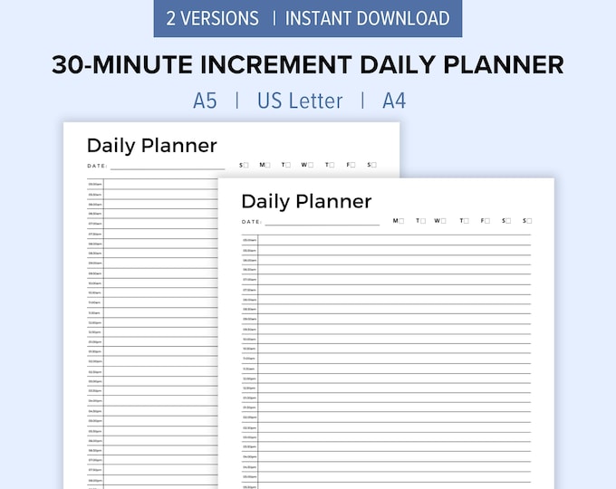 30 Minute Increment Daily Planner Printable | Time Blocking Daily ...