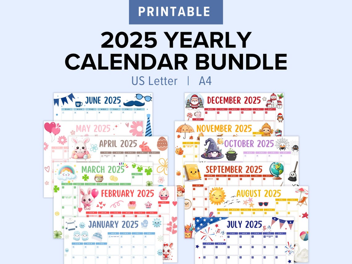 Printable 2025 Yearly Calendar Bundle for Children | Homeschool Monthly ...