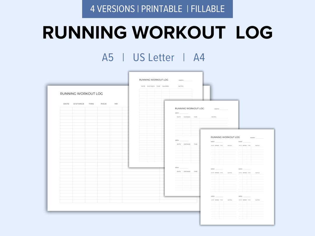 Running Workout Printable Log | A5, US Letter, A4 | Fillable & Instant ...
