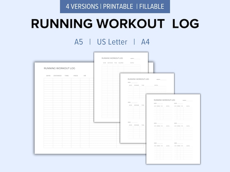 Running Workout Printable Log | A5, US Letter, A4 | Fillable & Instant ...
