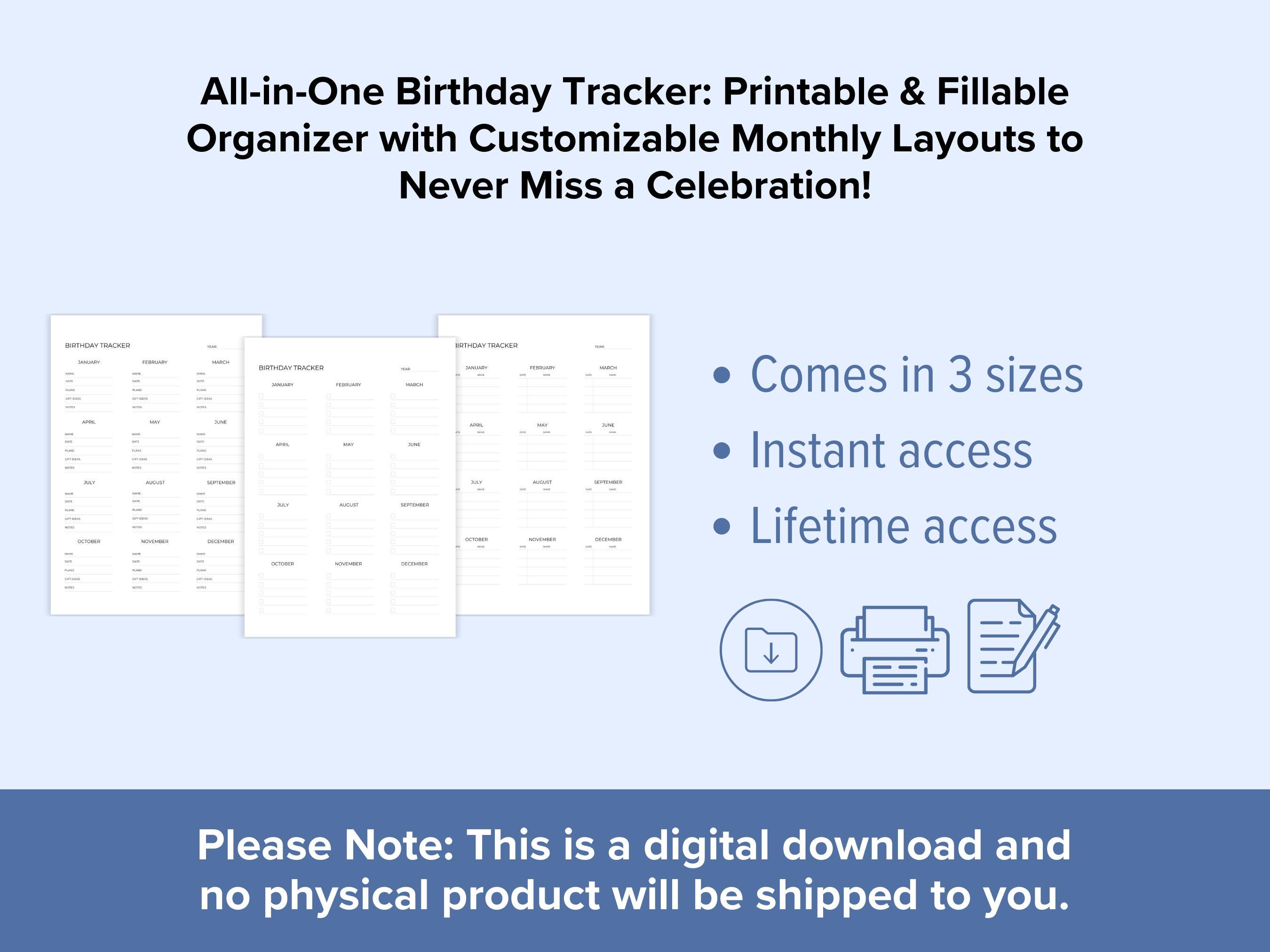 Birthday Tracker Printable Worksheet | A5, US Letter, A4 | Fillable ...