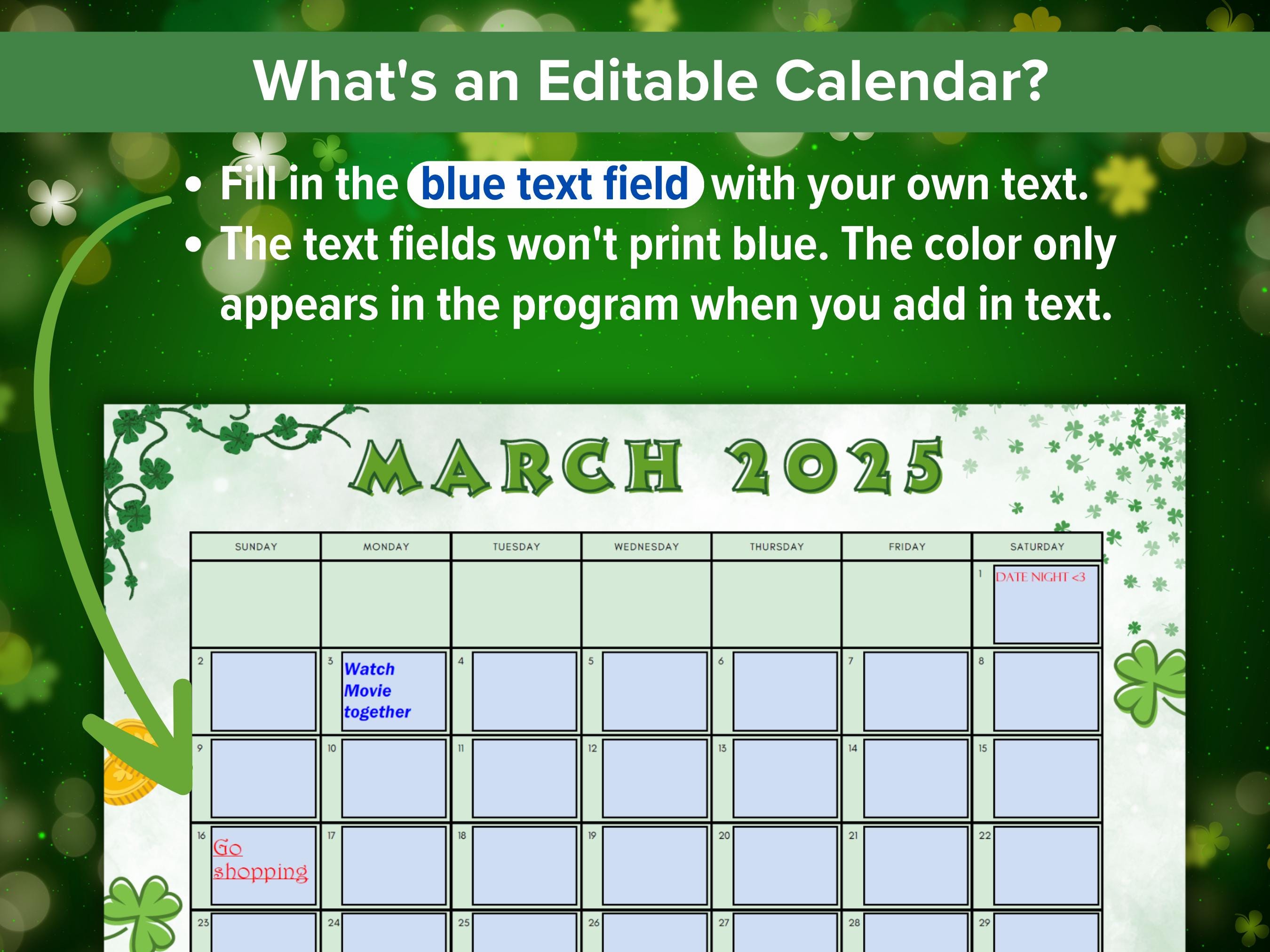 Editable March 2025 Calendar Printable | St. Patrick's Day | Early ...