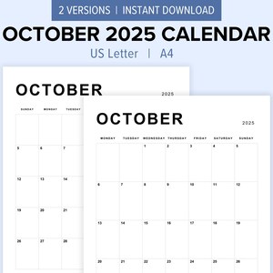Editable October 2025 Calendar Minimalist Printable | US Letter, A4 ...