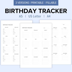 Birthday Tracker Printable Worksheet | A5, US Letter, A4 | Fillable ...