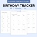 Birthday Tracker Printable Worksheet | A5, US Letter, A4 | Fillable ...