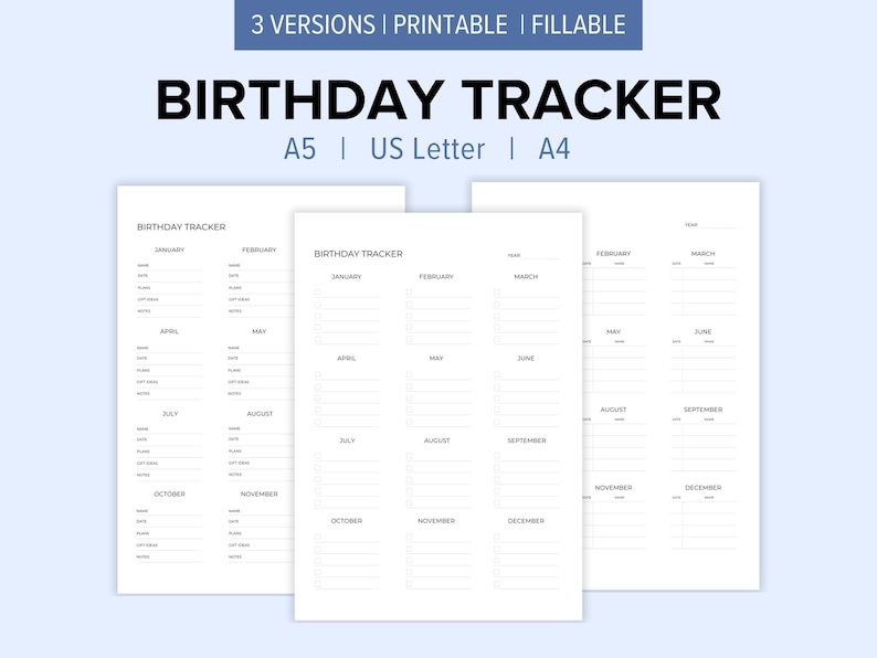 Birthday Tracker Printable Worksheet | A5, US Letter, A4 | Fillable ...