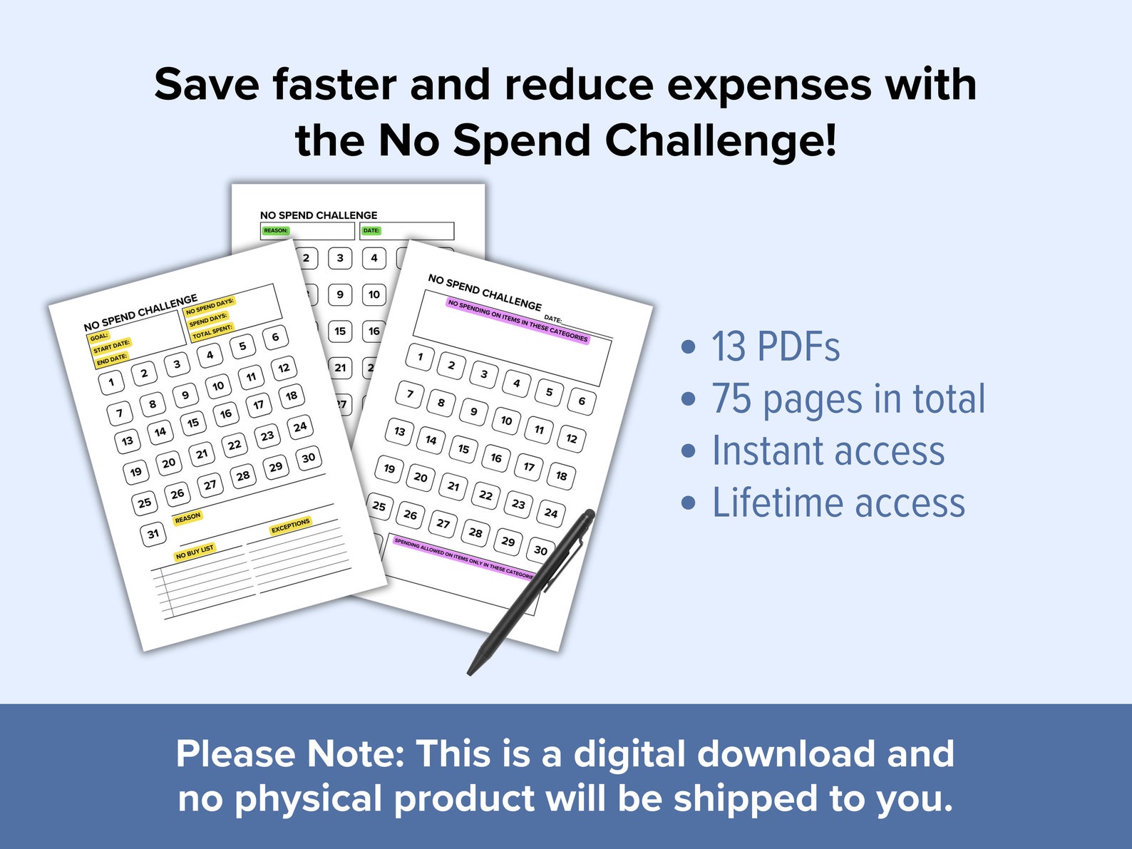 No Spend Challenge Tracker Printables | 31 Day Savings Challenge ...