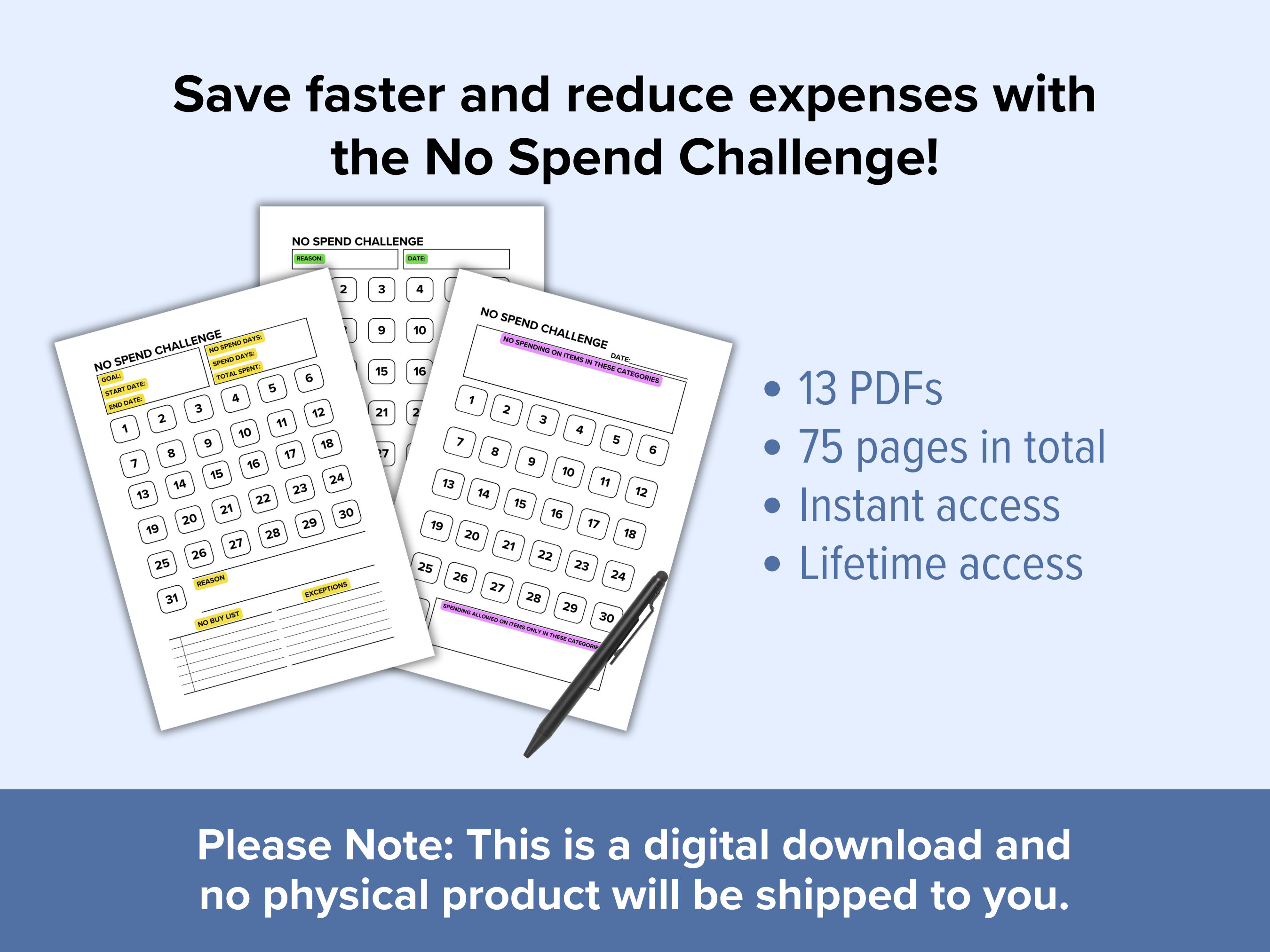 No Spend Challenge Tracker Printables | 31 Day Savings Challenge ...