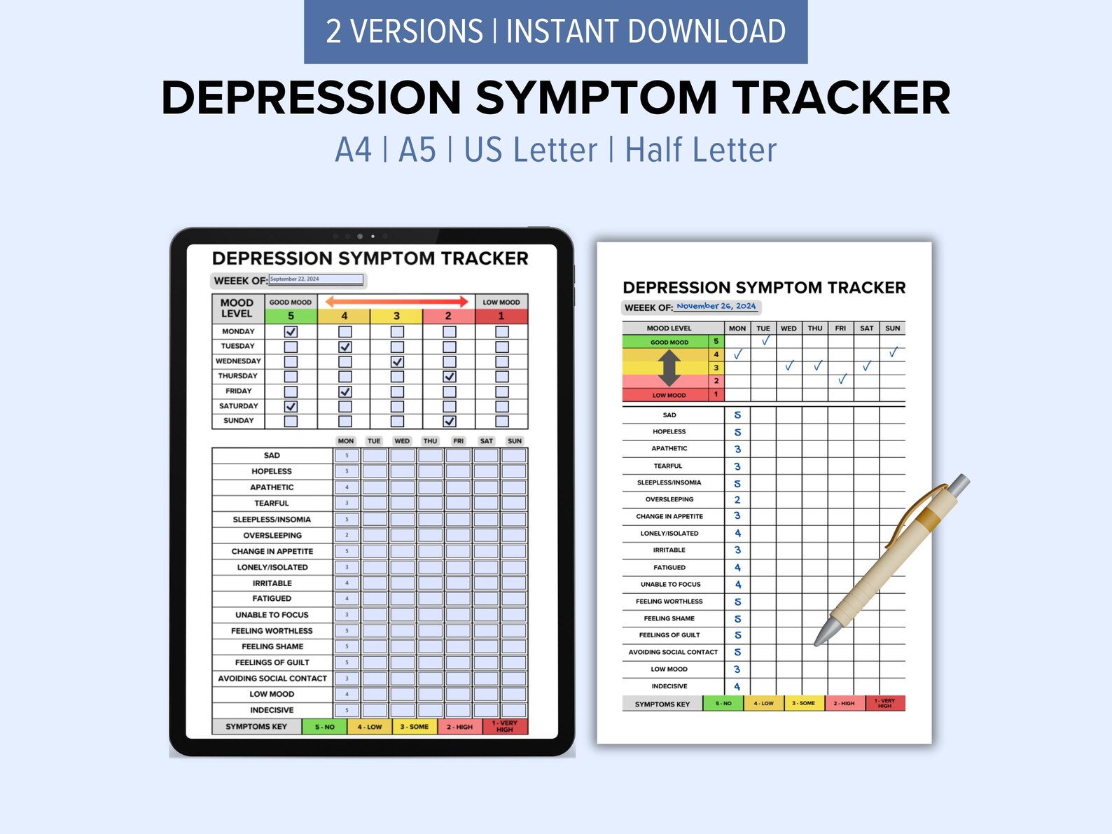 Depression Symptom Tracker Printable A5, A4, US Letter, Half Letter ...