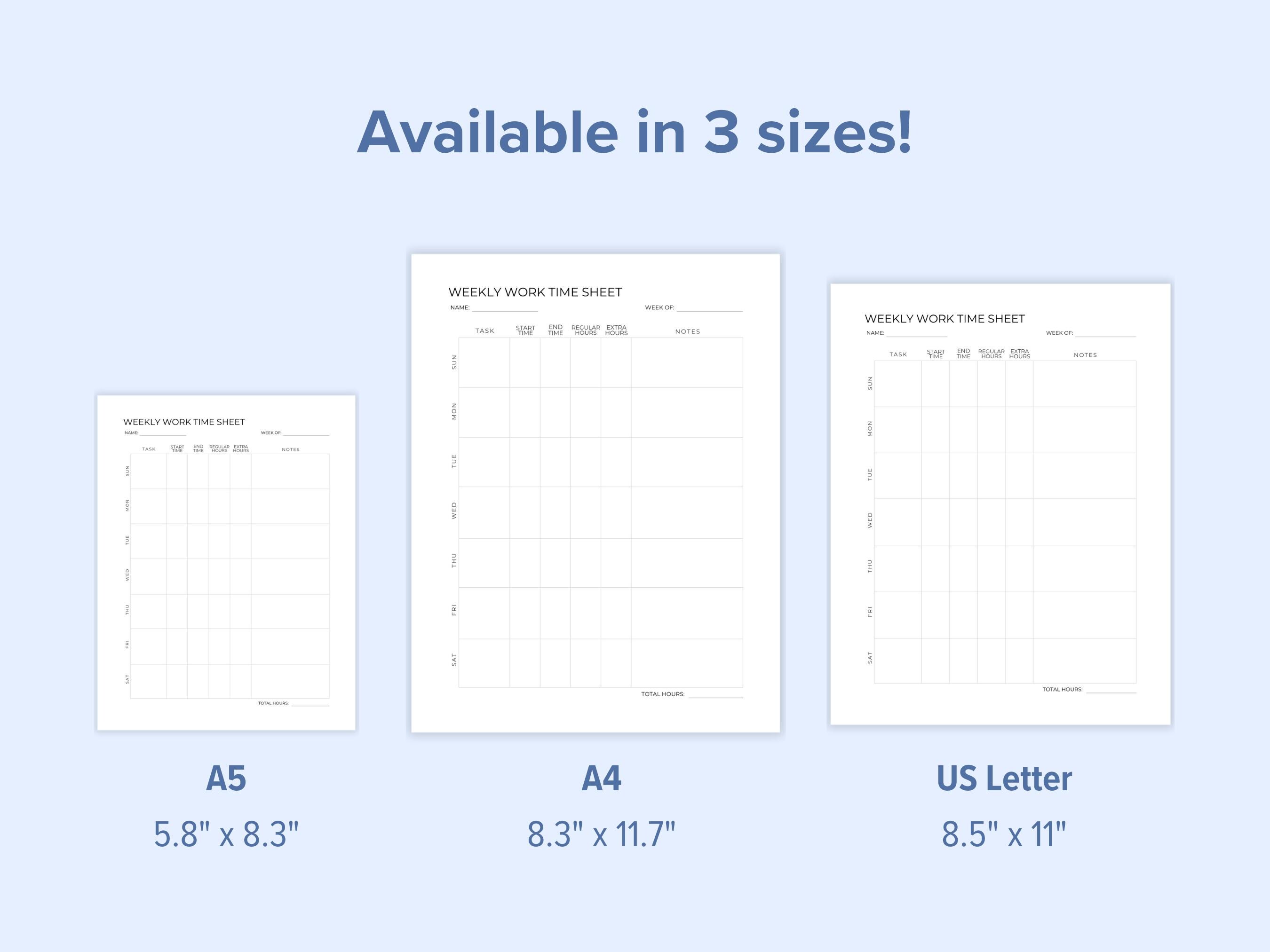 Weekly Work Time Sheet Printable | A5, US Letter, A4 | Fillable ...
