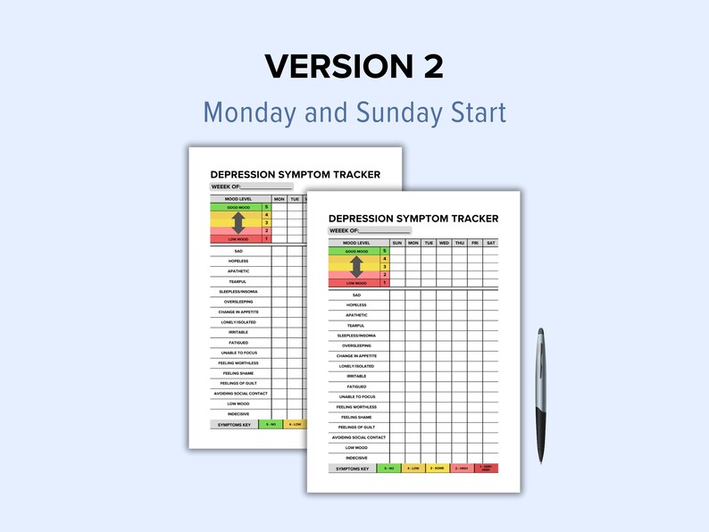 Depression Symptom Tracker Printable A5, A4, US Letter, Half Letter ...