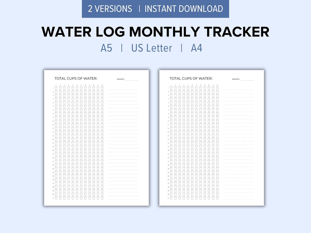 Water Log Monthly Tracker Printable Journal Page A5, US Letter, A4 ...