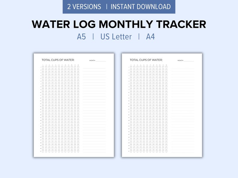 Water Log Monthly Tracker Printable Journal Page A5, US Letter, A4 ...