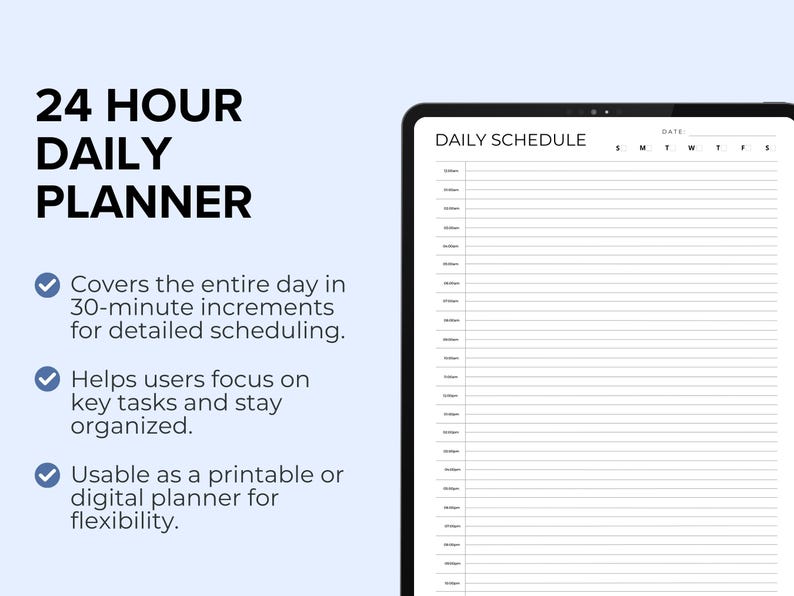 24 Hour Daily Planner With 30 Minute Increments Printable | A5, US ...