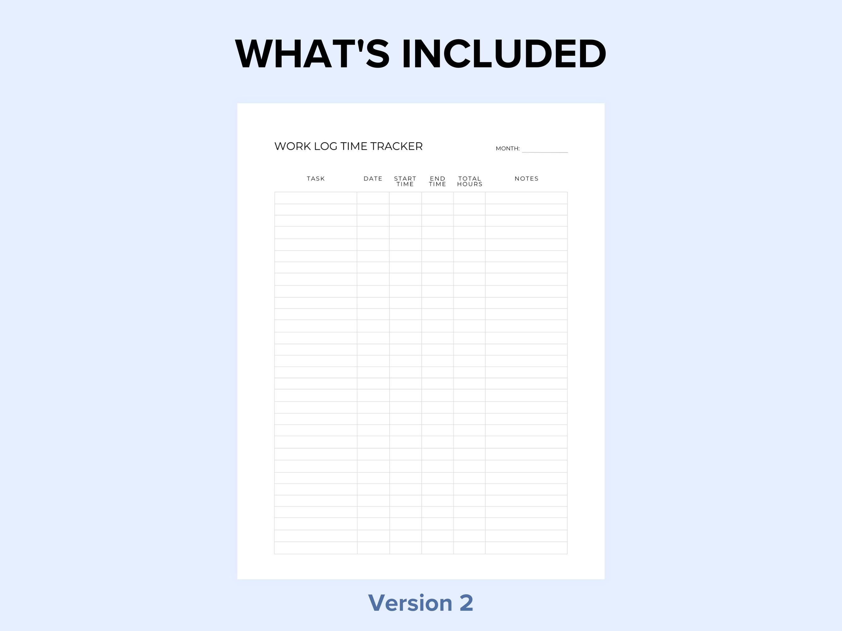Work Log Time Tracker Printable | A5, US Letter, A4 | Fillable ...