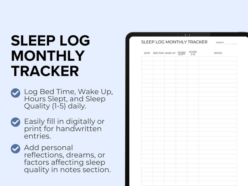 Sleep Log Monthly Tracker Printable | A5, US Letter, A4 | Fillable ...