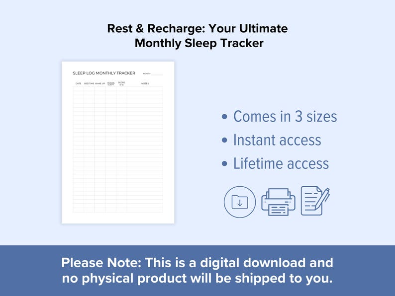 Sleep Log Monthly Tracker Printable | A5, US Letter, A4 | Fillable ...