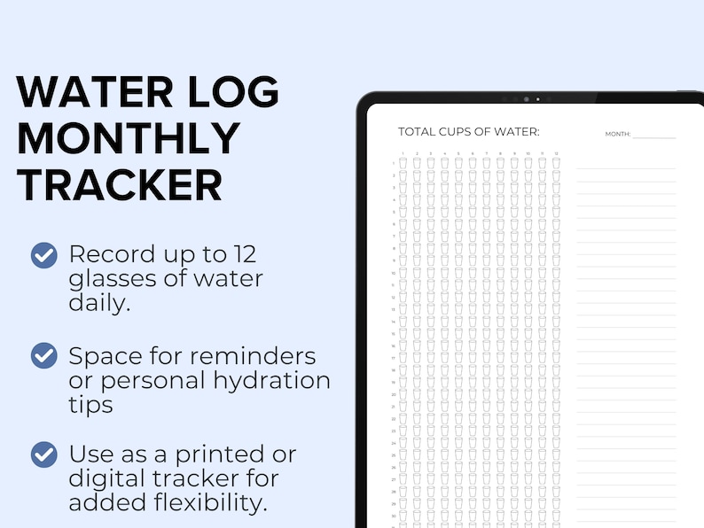 Water Log Monthly Tracker Printable Journal Page | A5, US Letter, A4 ...
